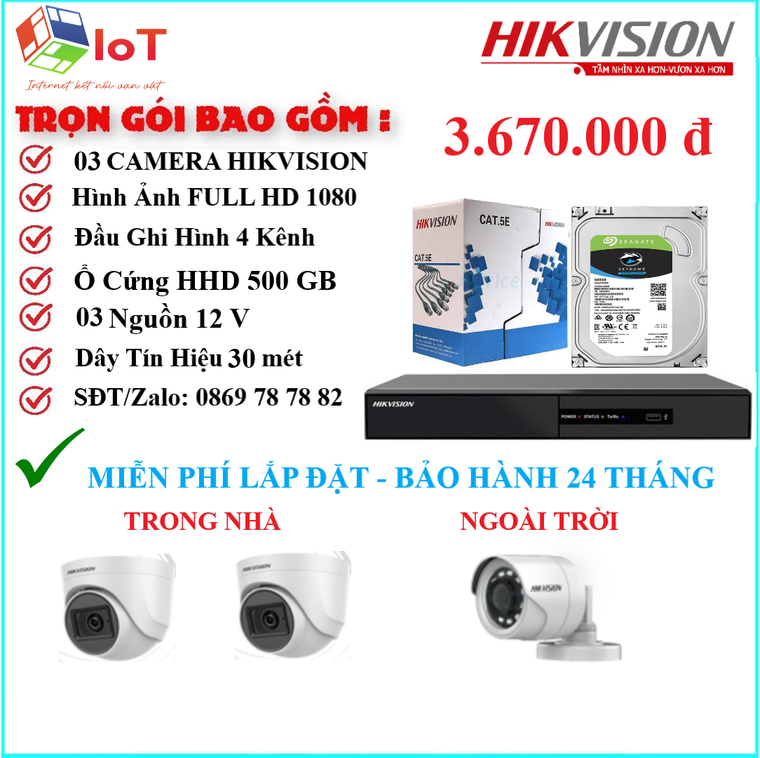 Trọn bộ 3 Camera Hikvision 2 Megapixel - Bảo hành 24 tháng - IoT CO.,LTD